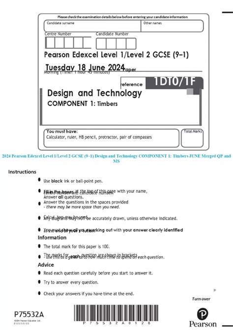 2024 Pearson Edexcel Level 1 Level 2 Gcse 9 1 Design And Technology Component 1 Timbers June