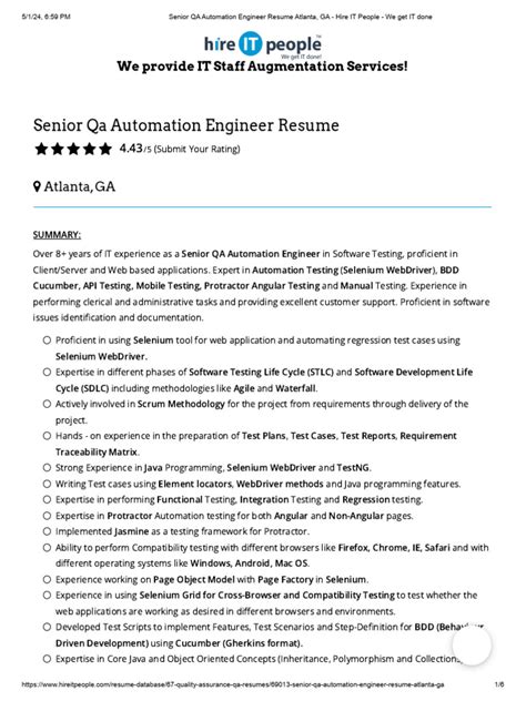 Sample Senior Qa Automation Engineer Resume Pdf Selenium Software Software Testing