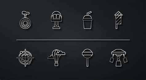 세트 라인 외발 자전거 또는 한 바퀴 자전거 대상 스포츠 불꽃 놀이 로켓 롤리팝 열기구 어트랙션 회전 목마 및 물 아이콘이있는 종이 유리 벡터 1에 대한 스톡 벡터 아트 및