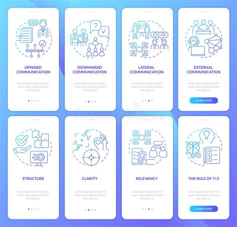 Corporate Communication Blue Gradient Onboarding Mobile App Screen Set Stock Vector