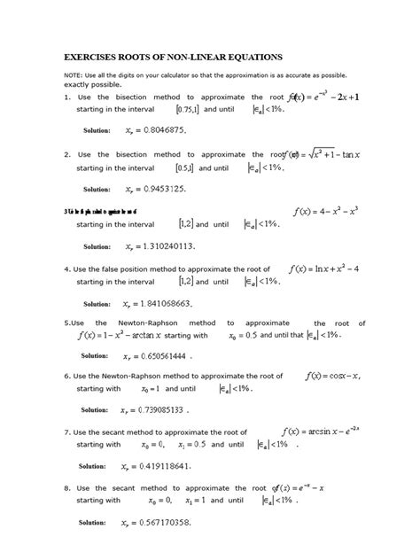 Exercises Roots Of Non Linear Equations Pdf Mathematics Applied