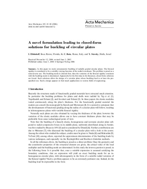 Pdf A Novel Formulation Leading To Closed Form Solutions For Buckling