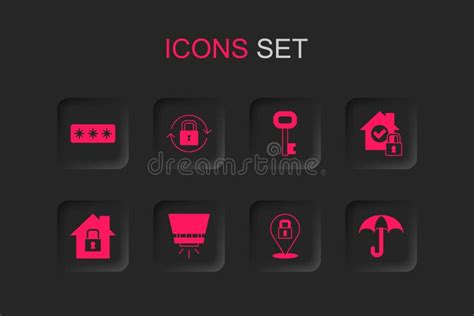 Set Fire Sprinkler System Lock Password Protection House Under Umbrella Old Key And Icon