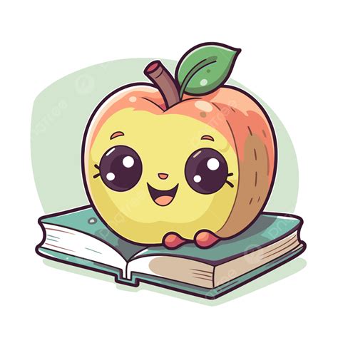 꼬마 만화 사과 책 위에 앉아 클립 아트 벡터 만화 사과와 고립 된 책 스티커 디자인 상표 Png 일러스트 및 벡터 에