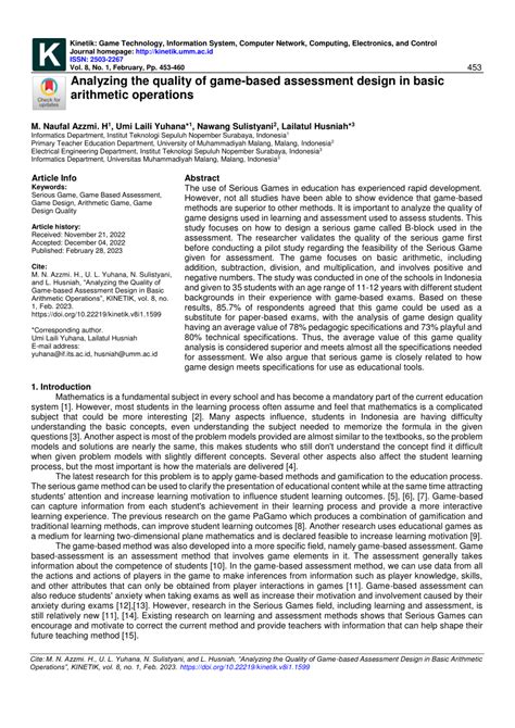 Pdf Analyzing The Quality Of Game Based Assessment Design In Basic Arithmetic Operations
