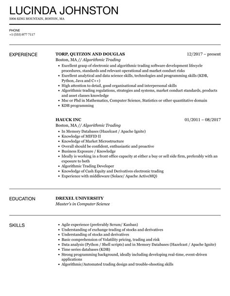 Algorithmic Trading Resume Samples Velvet Jobs