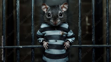 Mouse Wearing A Prison Uniform Looking Out Of A Jail Cell Concept Of