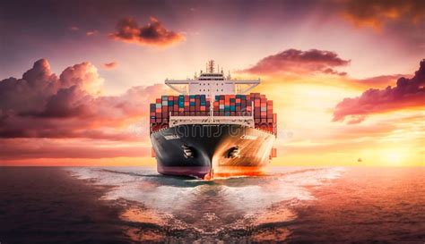 Container Ship On Ocean Business Logistic Import Export Transport Front View In Sunset