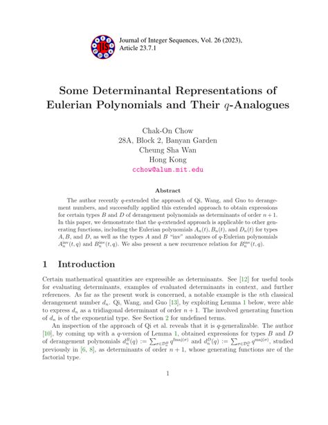 Pdf Some Determinantal Representations Of Eulerian Polynomials And Their Q Analogues