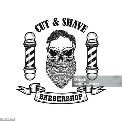이발소 흰색 배경에 고립 된 수염 난 두개골의 그림 이발소 포스터 카드 엠블럼 간판 라벨을 위한 디자인 요소 벡터 일러스트 레이 션 검은색에 대한 스톡 벡터 아트 및 기타
