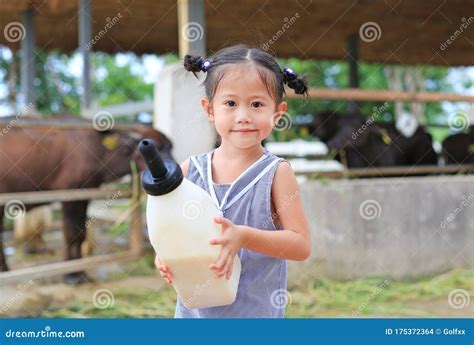 Klein Boerenmeisje Met Melkfles Op Boerderij Voeding Van De Murrah Buffalo Op De Boerderij