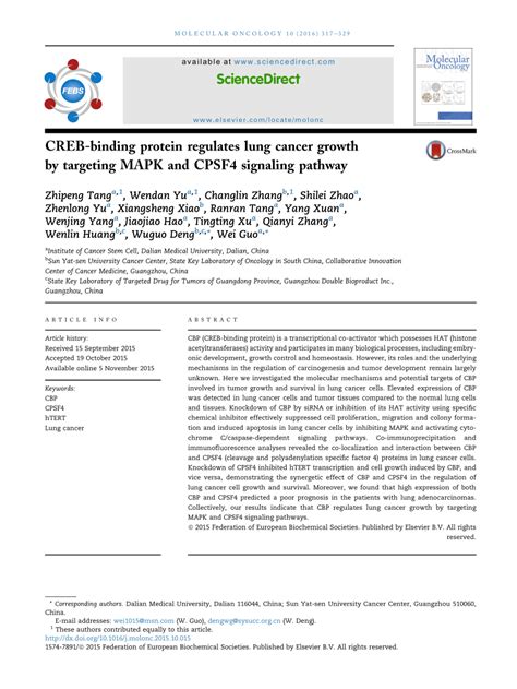 Pdf Creb Binding Protein Regulates Lung Cancer Growth By Targeting