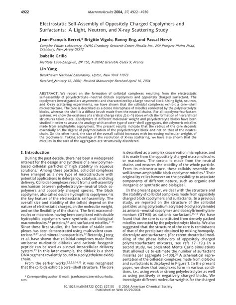 Pdf Electrostatic Self Assembly Of Oppositely Charged Copolymers And Surfactants A Light