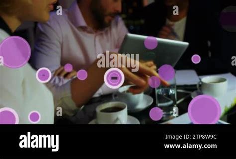 animation of 4g symbols and 5g text in circles over diverse coworkers