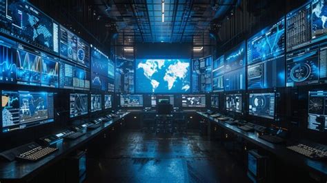 surveillance hub with realtime global data on large screens for