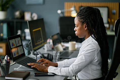African American Woman Analyzing Data On Computer Screen Stock Image Image Of Digital