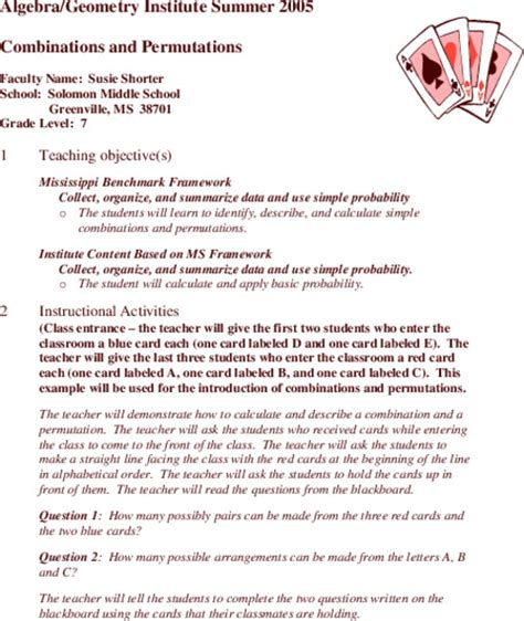 Combinations And Permutations Lesson Plan For 5th Grade Lesson Planet