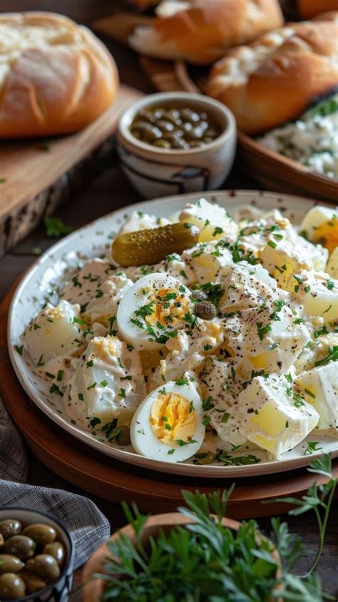 A Delicious Plate Of Potato Salad With Eggs And Passover Buns On A