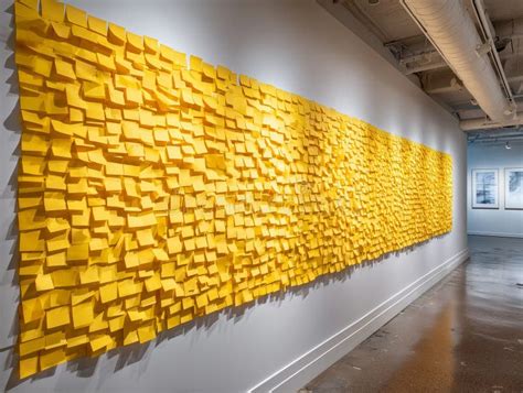 A Large Yellow Wall Covered In Sticky Notes On A Wall Stock Image