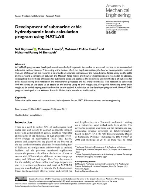 Pdf Development Of Submarine Cable Hydrodynamic Loads Calculation