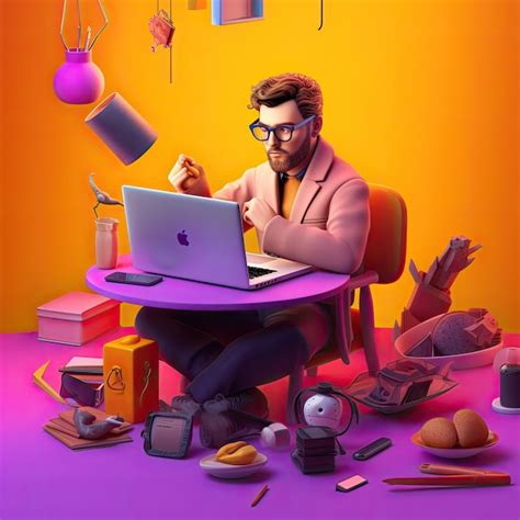 Premium Ai Image 3d Illustration Of Male Character Working On The Desk With Laptop Ai Generated
