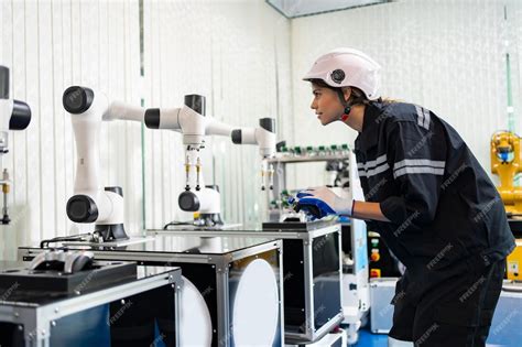 Premium Photo Female Engineer Check And Control Automation Robot Arms Machine In Intelligent
