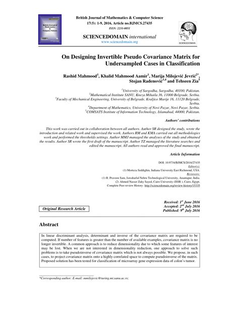 Pdf On Designing Invertible Pseudo Covariance Matrix For Undersampled Cases In Classification