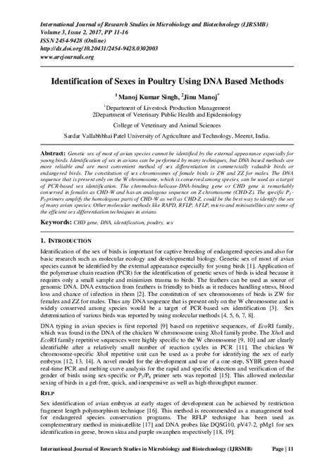 Pdf Identification Of Sexes In Poultry Using Dna Based Methods