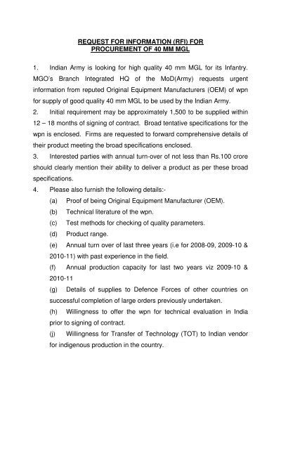 Request For Information Rfi For Indian Army