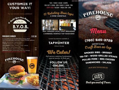 Menu At Firehouse Que Brew Pub Bar Fallbrook