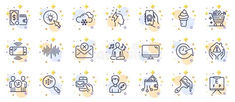 outline set of game console sound wave and digital wallet line icons
