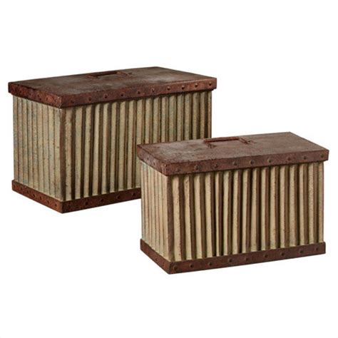 Set Of 2 Urban Chic Ribbed And Rusted Metal Lidded Rectangular Planter