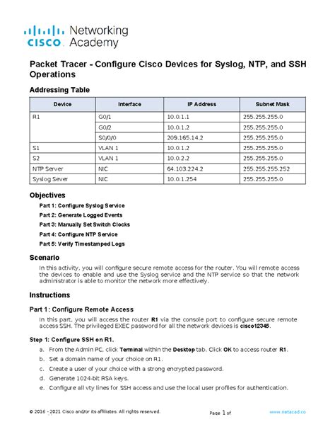 Packet Tracer Activity Configure Cisco Devices For Syslog Ntp And Ssh