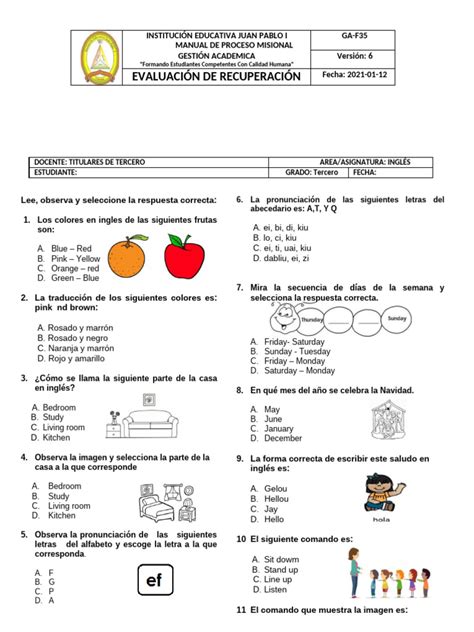 Examen De Inglés Para Tercer Grado Pdf