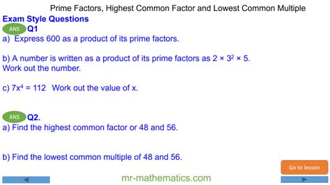 Prime Factors Highest Common Factor And Lowest Common Multiple Mr