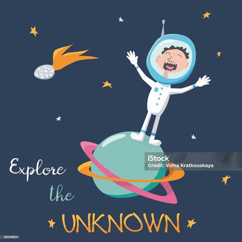 우주 비행사토성에 머물고 우리를 환영합니다 알 수 없는 탐험 공간 테마 벡터 그림입니다 우주인은 새로운 행성을 탐험 행성과 남자와 공간 테마 슬로건 그래픽입니다 티셔츠 및