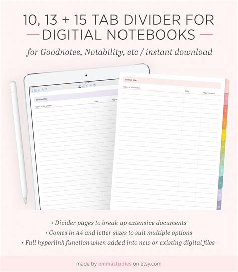 Section Divider Inserts For Digital Notebooks Customisable Tabbed Goodnotes Notability