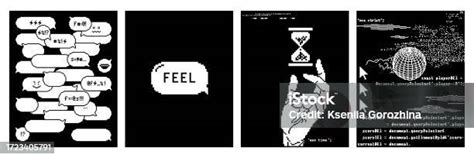 픽셀 요소 대화 상자 코드 스크립트 조각이 있는 복고풍 포스터 세트 카드 소셜 미디어 배너 표지를 위한 디자인 템플릿 증기파와 레트로웨이브 스타일 8090년대의 미학