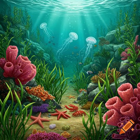 An Underwater Scene With Jellyfish Coral Seagrass And Starfish On
