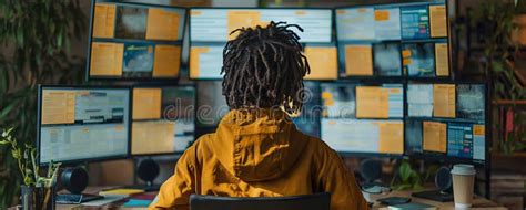 person working with multiple monitor setup stock image image of mouse