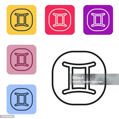 흰색 배경에 격리 된 검은 줄 쌍둥이 조디악 기호 아이콘 점성술별 자리 수집 색상 정사각형 단추로 아이콘을 설정합니다 벡터 0