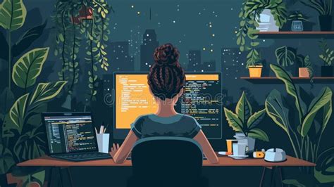 Programmer Girl Working On Computer At Night Illustration In Cartoon