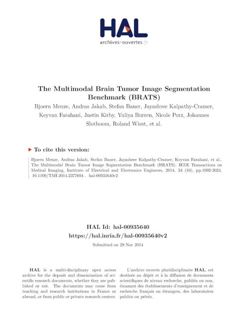 Pdf The Multimodal Brain Tumor Image Segmentation Benchmark · The