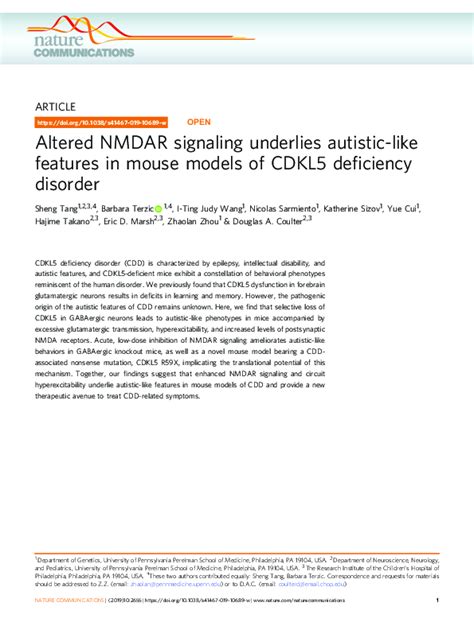 Pdf Altered Nmdar Signaling Underlies Autistic Like Features In Mouse