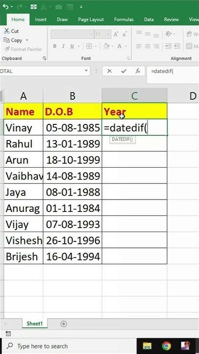 How To Calculate Age In Excel Datedif Formula In Ms Excel Shorts Excel Youtube