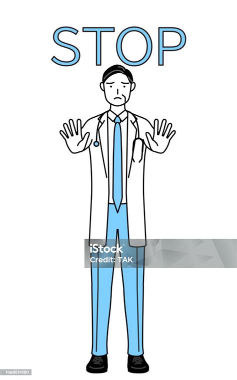 청진기가 달린 흰 코트를 입은 남자 의사 선배 중년 베테랑이 몸 앞에 손을 내밀고 정지를 알립니다 거절에 대한 스톡 벡터 아트 및 기타 이미지 Istock
