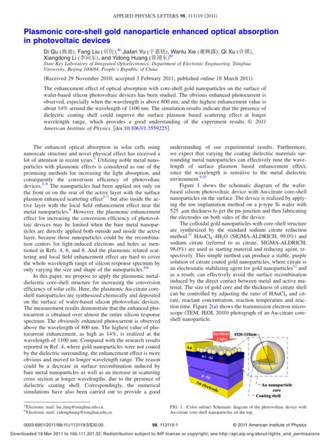 Pdf Plasmonic Core Shell Gold Nanoparticle Enhanced Optical Absorption In Photovoltaic Devices