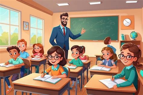 Premium Photo Teacher With Pupils In A Classroom At A Lesson Cartoon