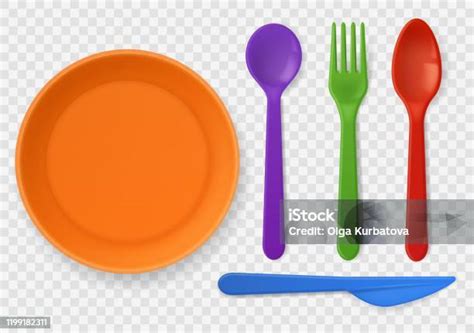 일회용 플라스틱 식기 현실적인 다채로운 아이 칼 숟가락 포크와 칼 피크닉 주방 용품 절연 벡터 세트 부엌 칼에 대한 스톡 벡터 아트 및 기타 이미지 Istock