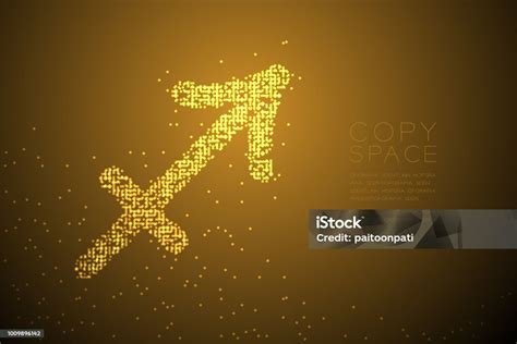 추상적인 기하학적 Bokeh 서클 도트 픽셀 패턴 궁수자리 조디악 기호 모양 별자리 개념 디자인의 골드 컬러 일러스트 레이 션의